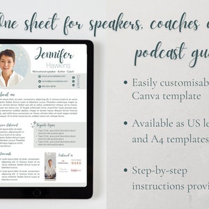 One Sheet Canva Template for Speakers, Coaches & Podcast Guests, Showcase Your Skills and ...