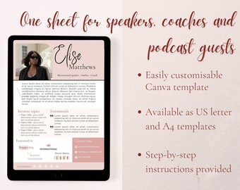 One Sheet Canva Template for Speakers, Coaches & Podcast Guests, Showcase Your Skills and ...