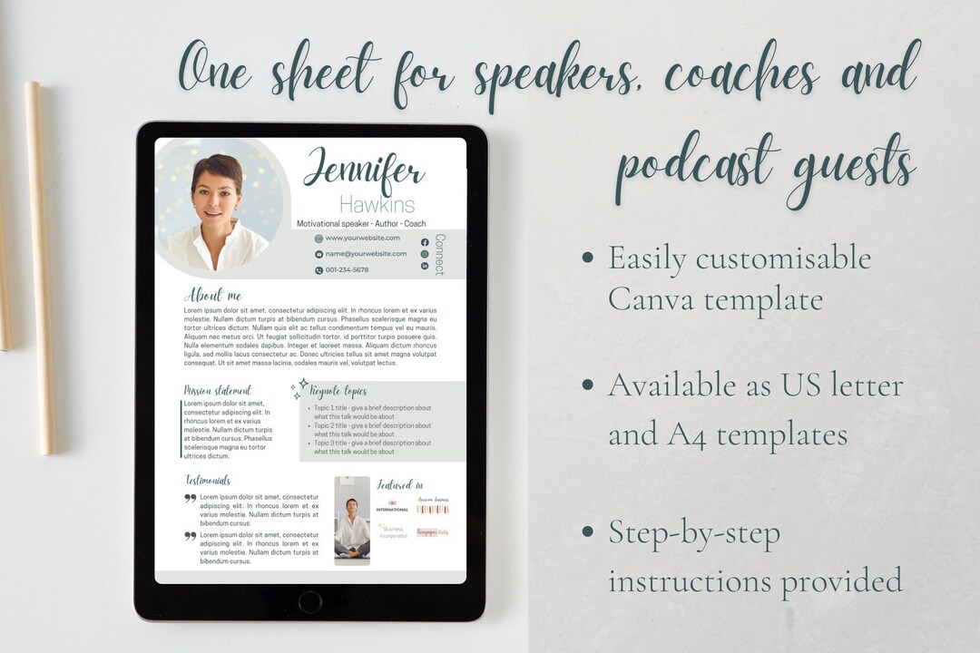 One Sheet Canva Template for Speakers, Coaches & Podcast Guests ...
