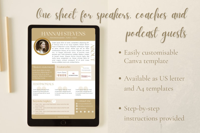 One Sheet Canva Template for Speakers, Coaches & Podcast Guests, Showcase Your Skills and ...
