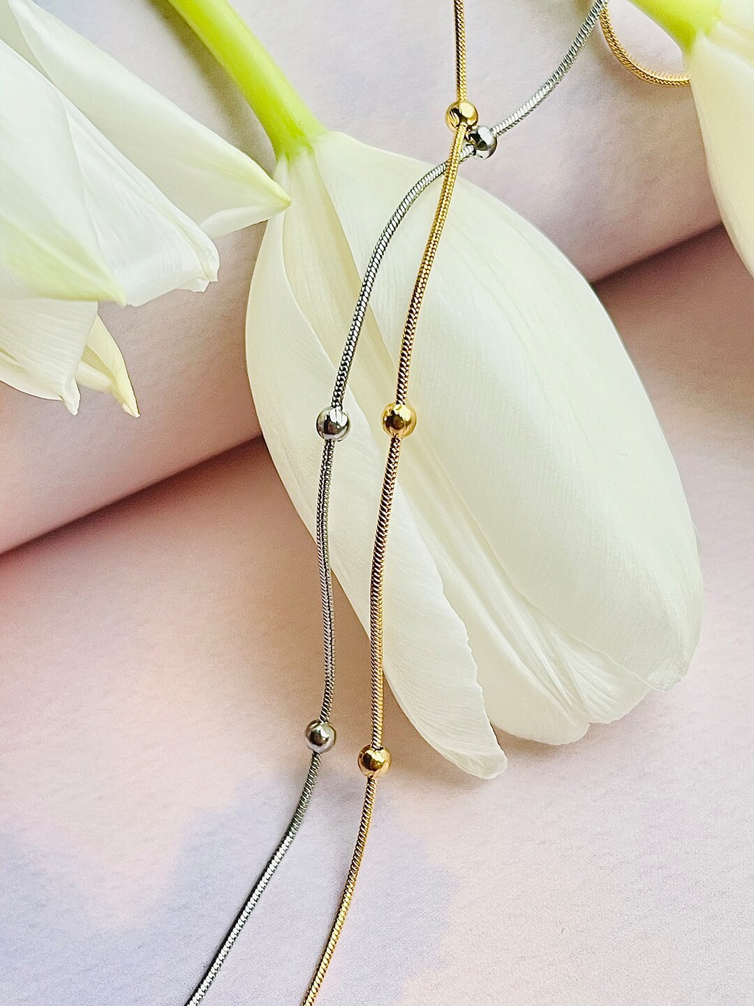 Snake Chain Beaded Satellite Chain Necklace Stainless Steel - Etsy