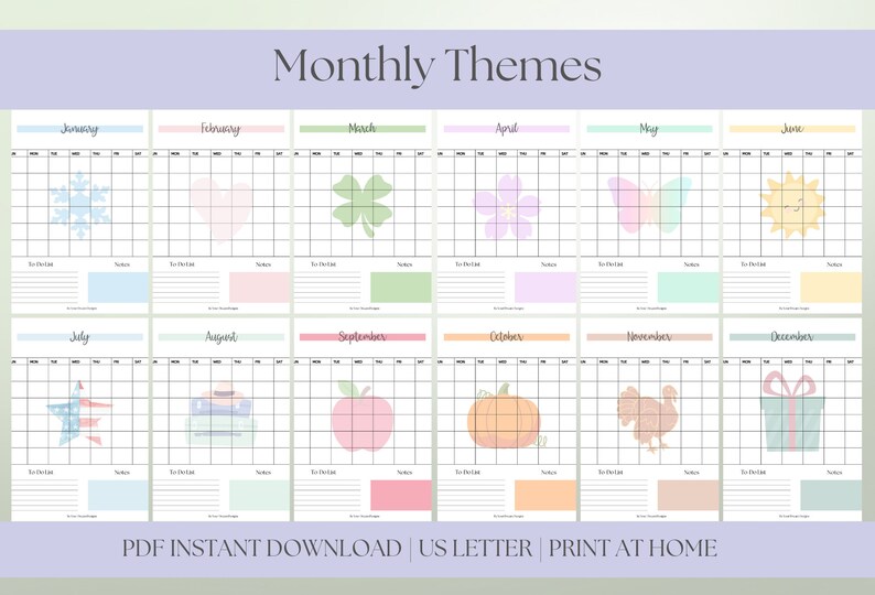 Monthly Themed Calendar Undated Calendar Print at Home Calendar Daily ...