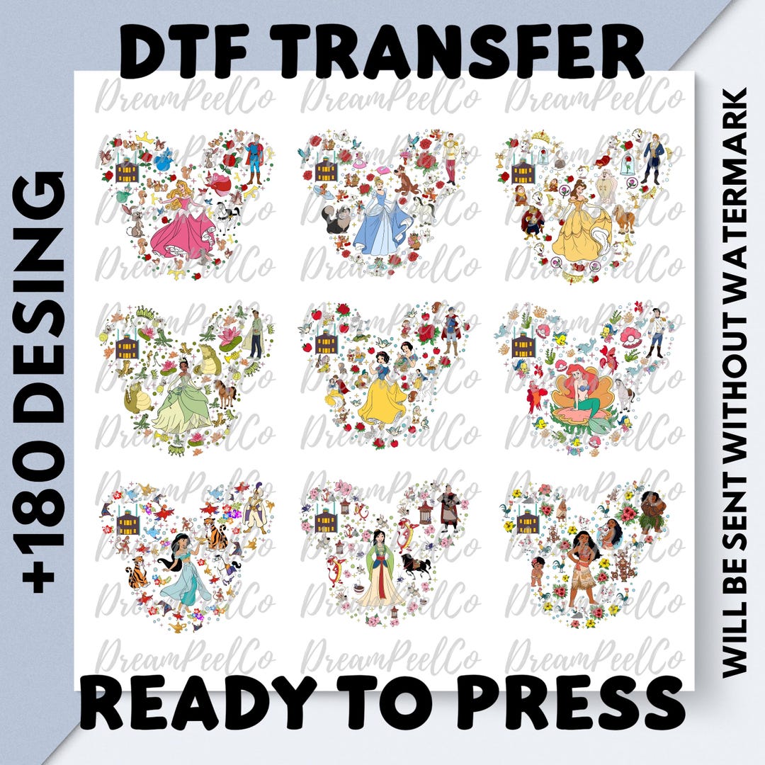 All Disney Princess Characters DTF Transfers, Girls Party Designs Ready ...