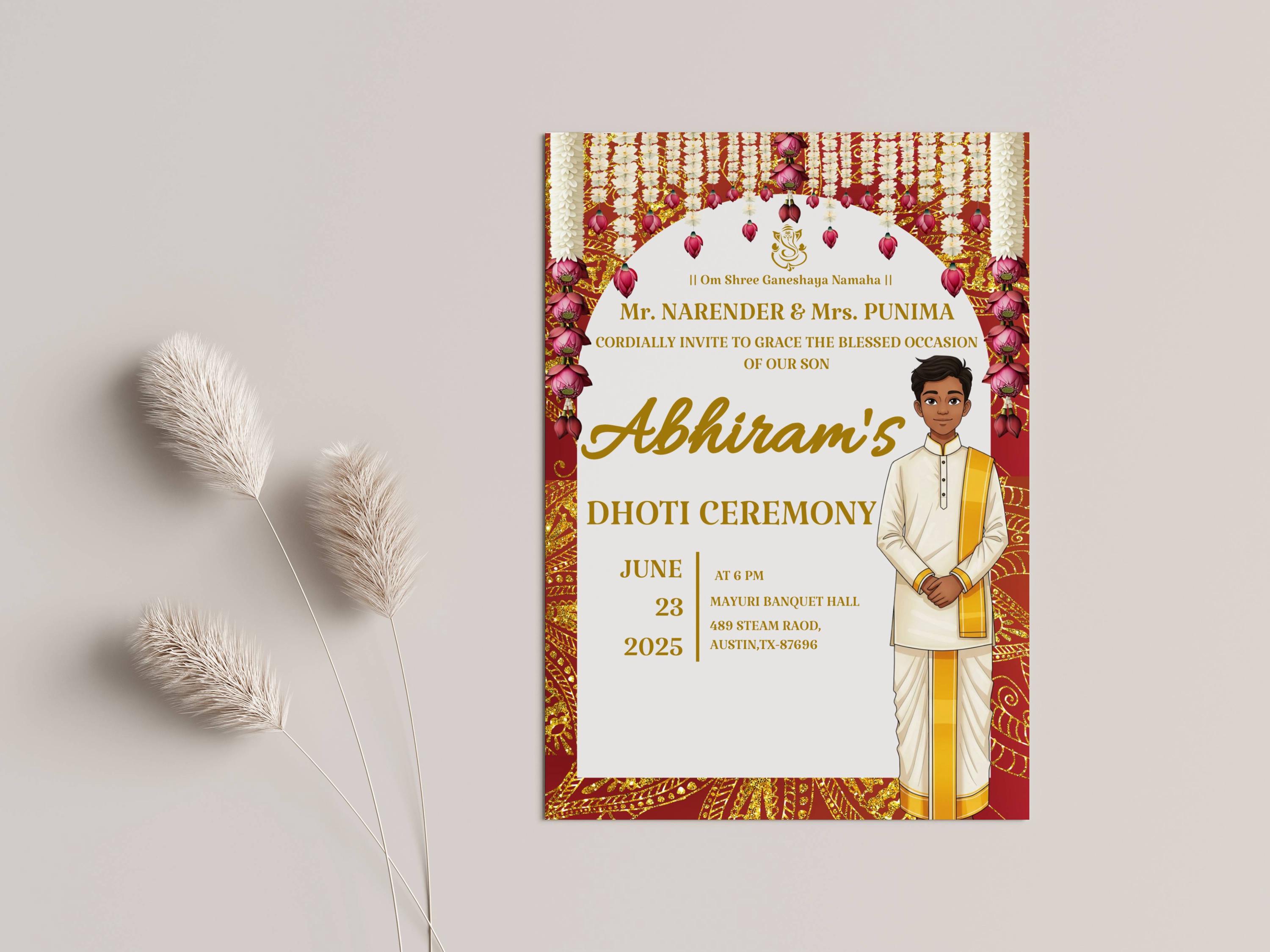 Dhoti Ceremony Invitation for Dhothi Function Invitation,panchalu ...