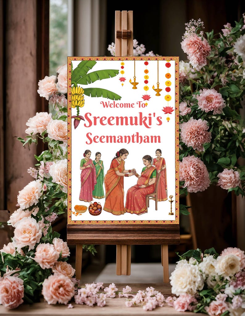 Pichwai Seemantham Welcome Sign: Traditional Baby Shower Decor (digital ...