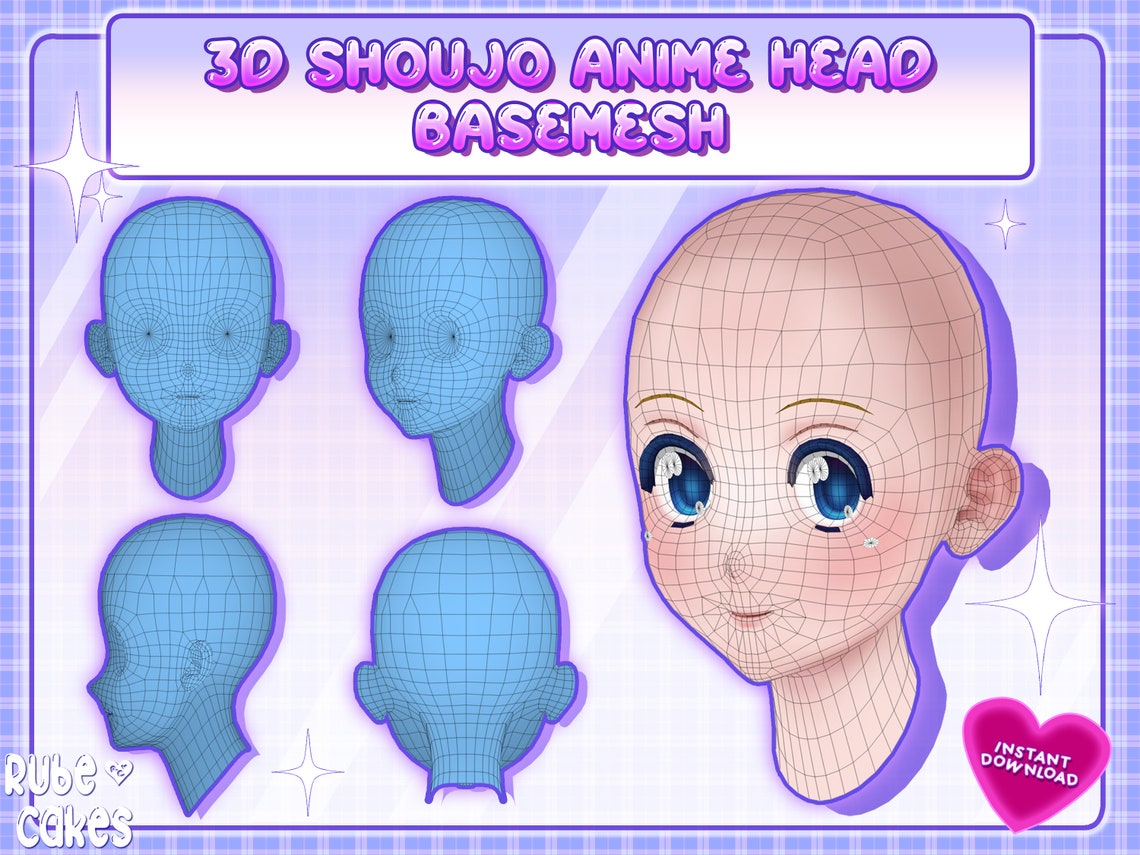 3d Shoujo Anime Head Basemesh Vtuber Customizable Face Etsy