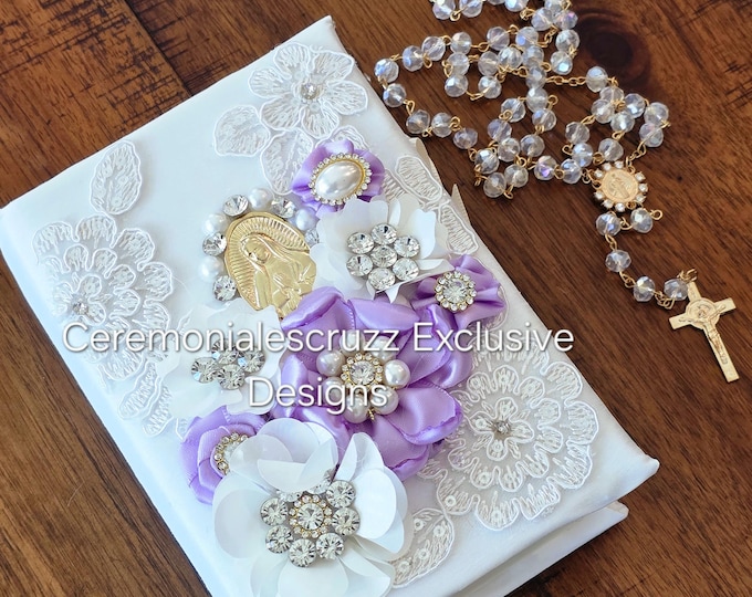 NEW Quinceañera Holy Bible Lilac Purple Wedding Bible and Rosary Biblia ...