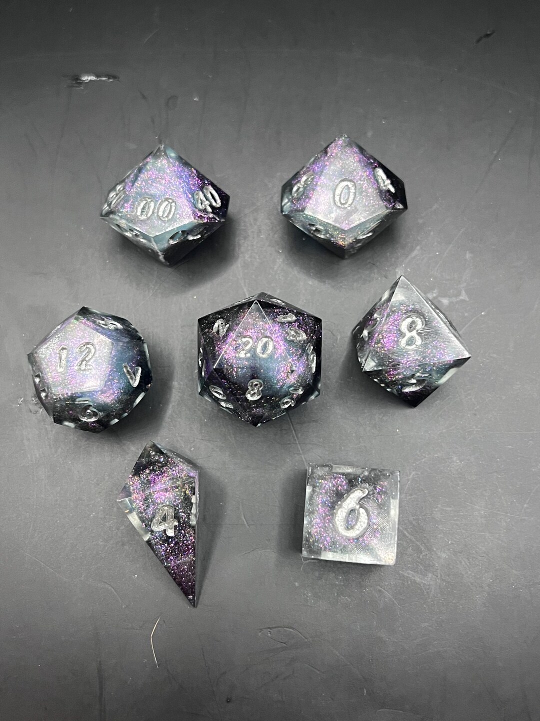 Stardust Eclipse – Black & Violet Galaxy Dice Set With Silver Inking - Etsy