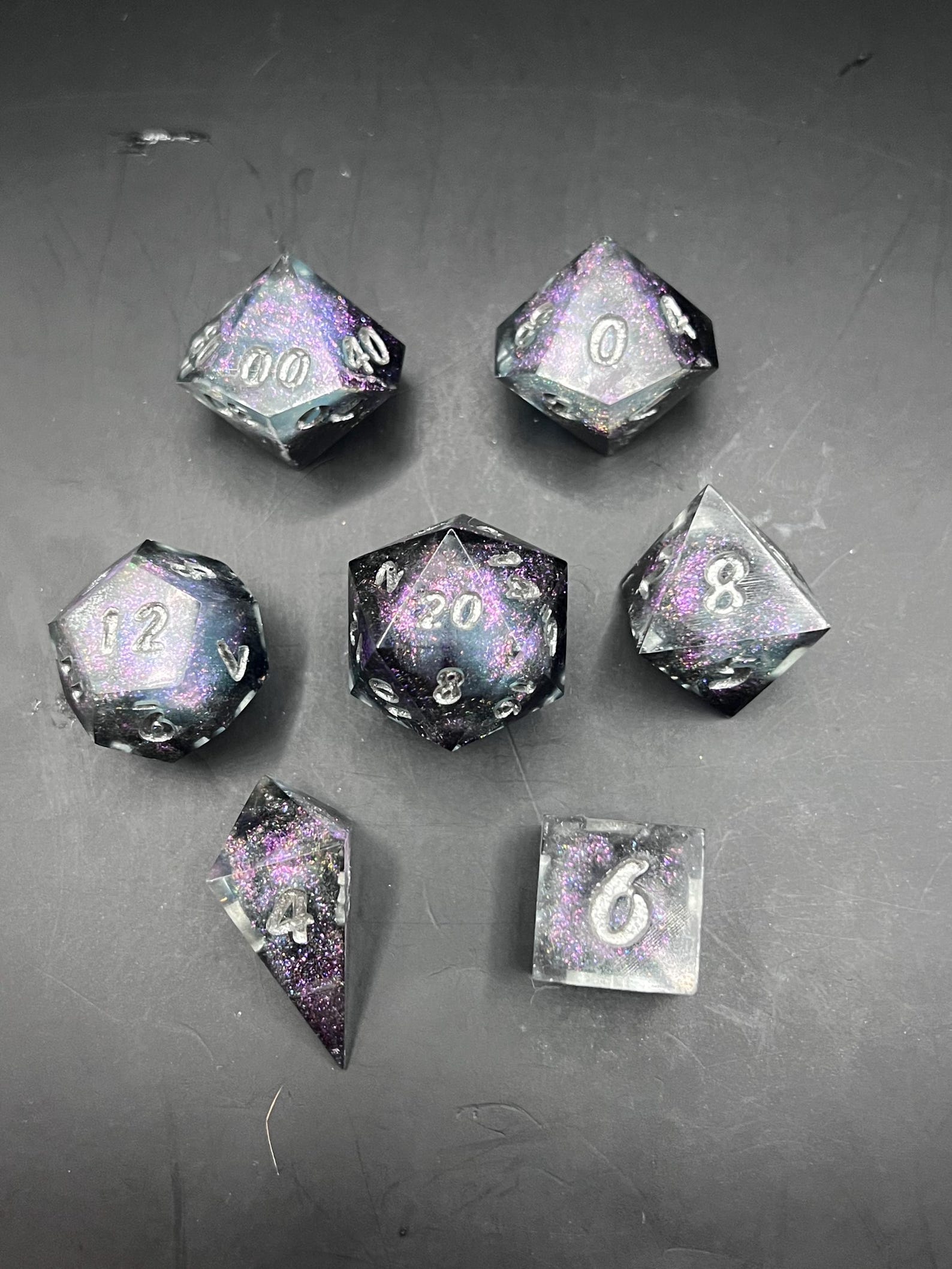 Stardust Eclipse – Black & Violet Galaxy Dice Set With Silver Inking - Etsy