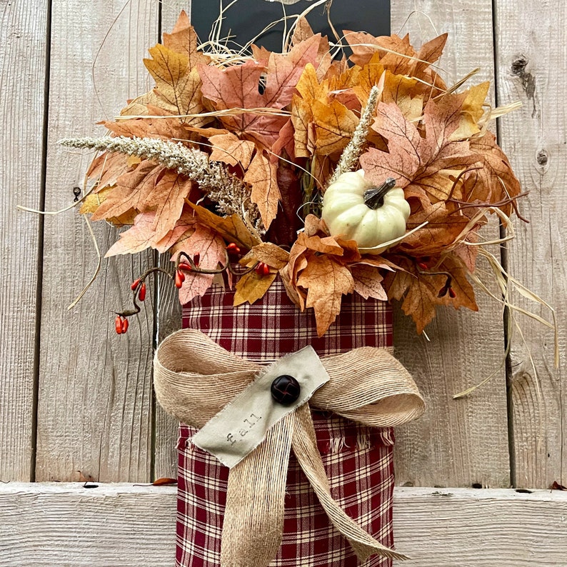 Rustic Floral Fall Door or Wall Decor With Raffia Candle Pumpkin Leaves ...