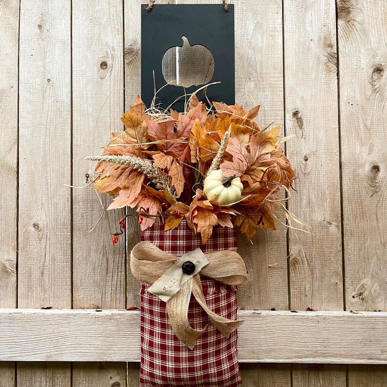 Rustic Floral Fall Door or Wall Decor With Raffia Candle Pumpkin Leaves ...