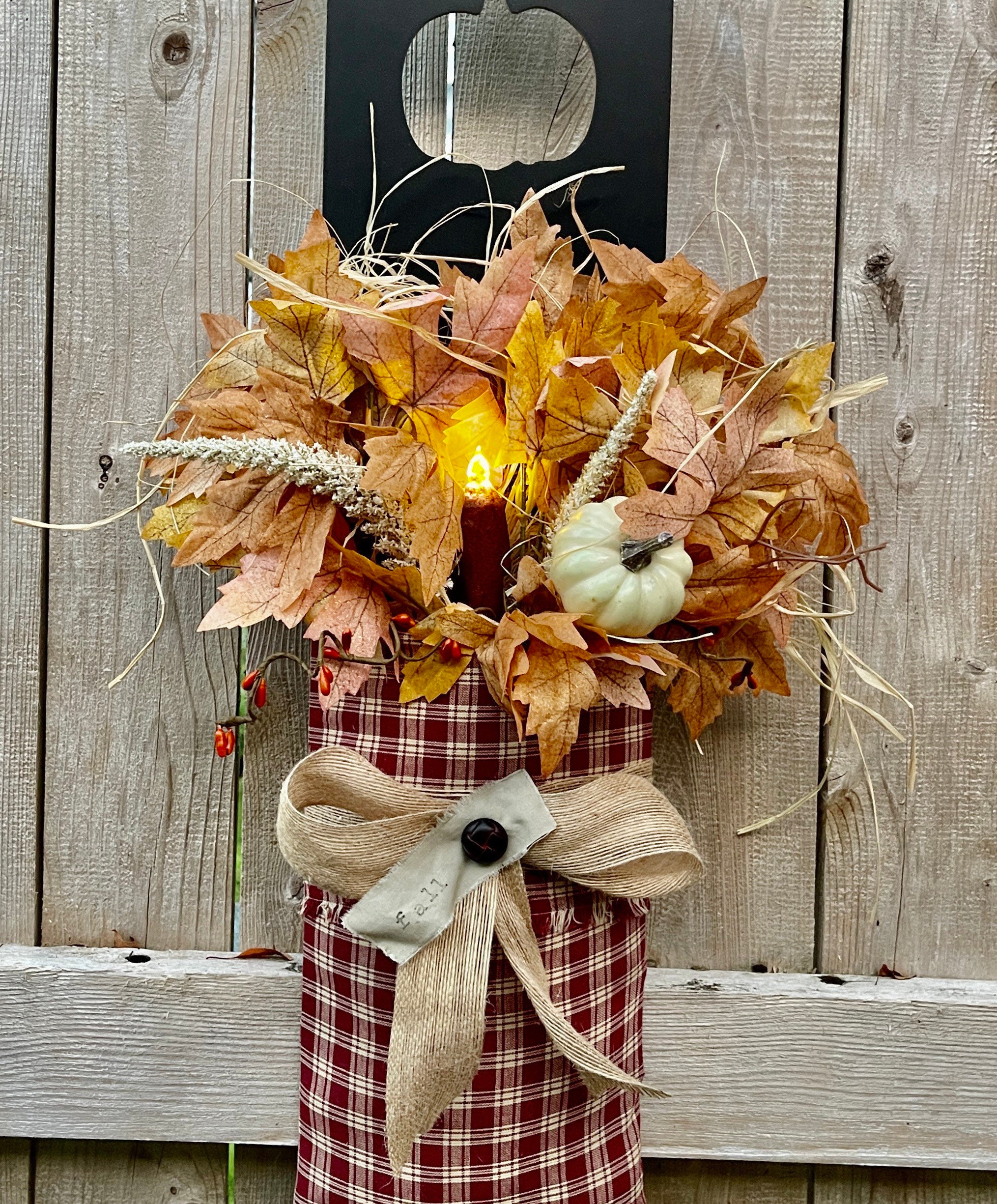 Rustic Floral Fall Door or Wall Decor With Raffia Candle Pumpkin Leaves ...