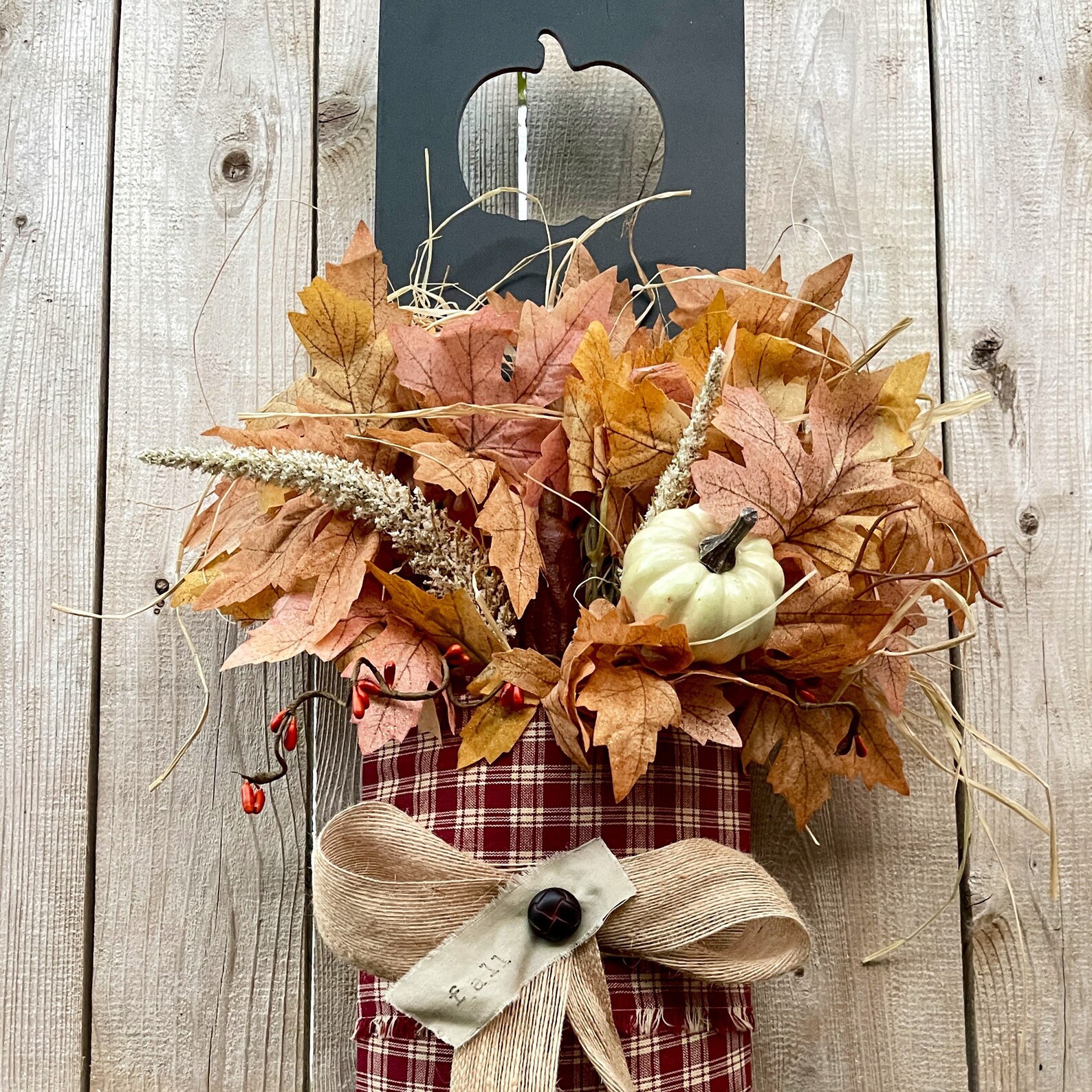 Rustic Floral Fall Door or Wall Decor With Raffia Candle Pumpkin Leaves ...