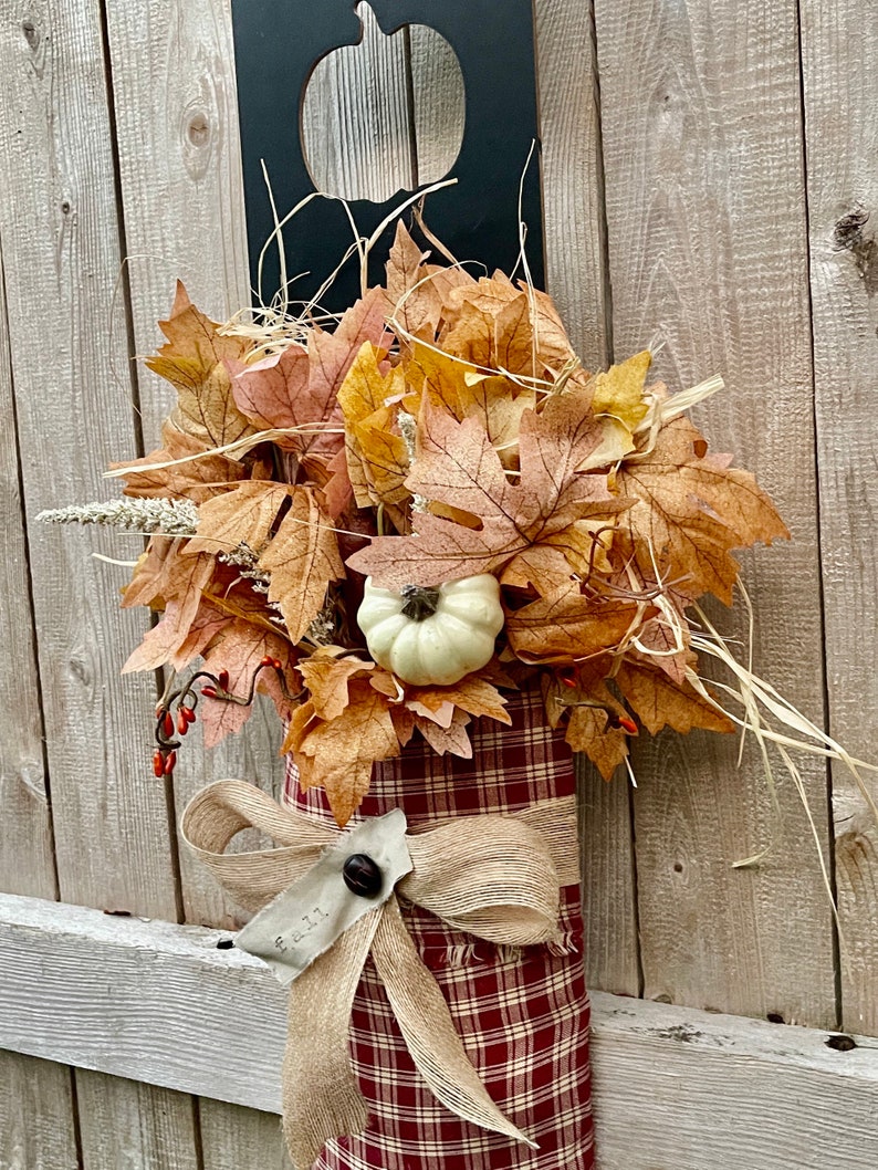 Rustic Floral Fall Door or Wall Decor With Raffia Candle Pumpkin Leaves ...