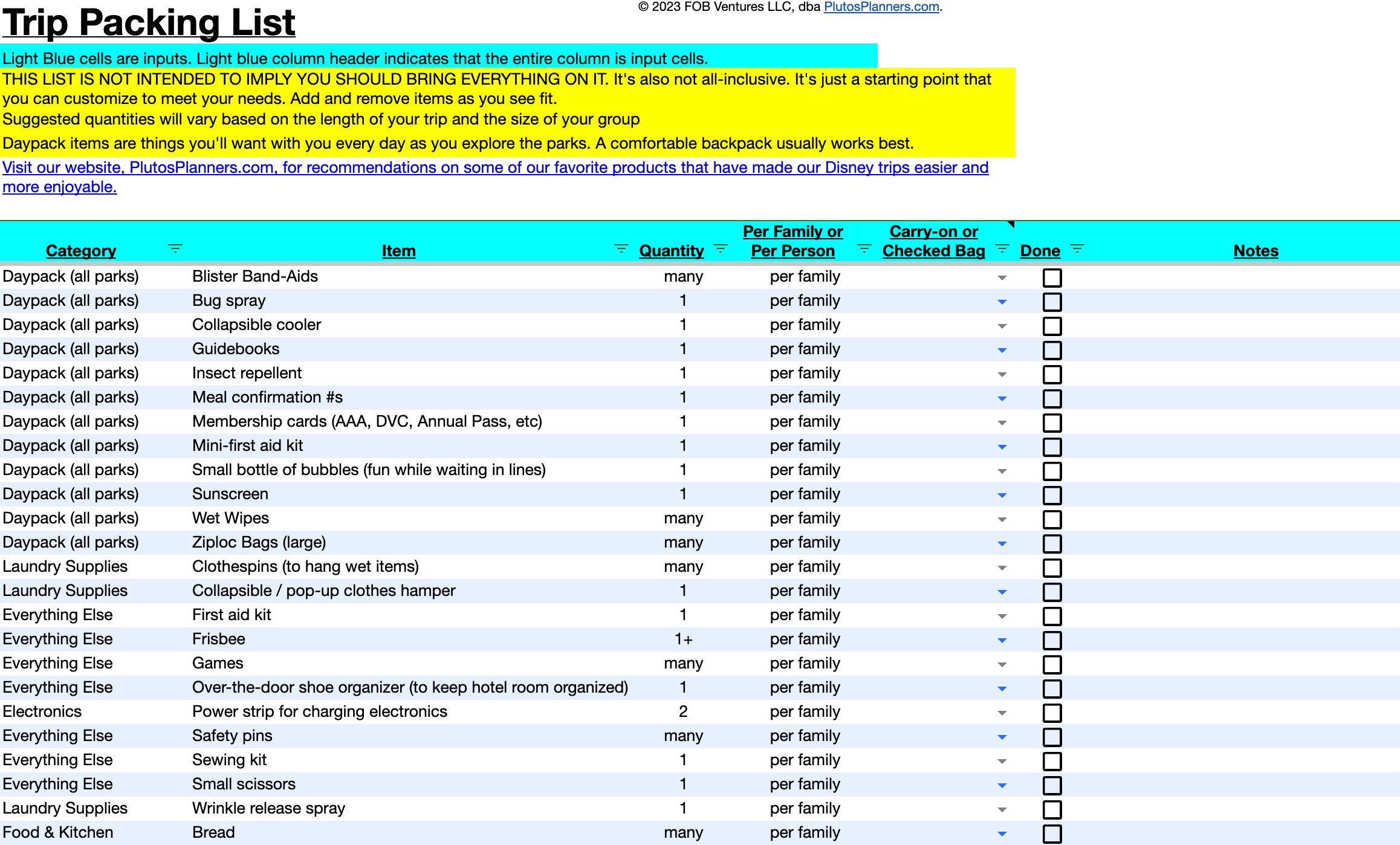 WDW Planning Guide Interactive Spreadsheet Vacation Trip Planner - Etsy