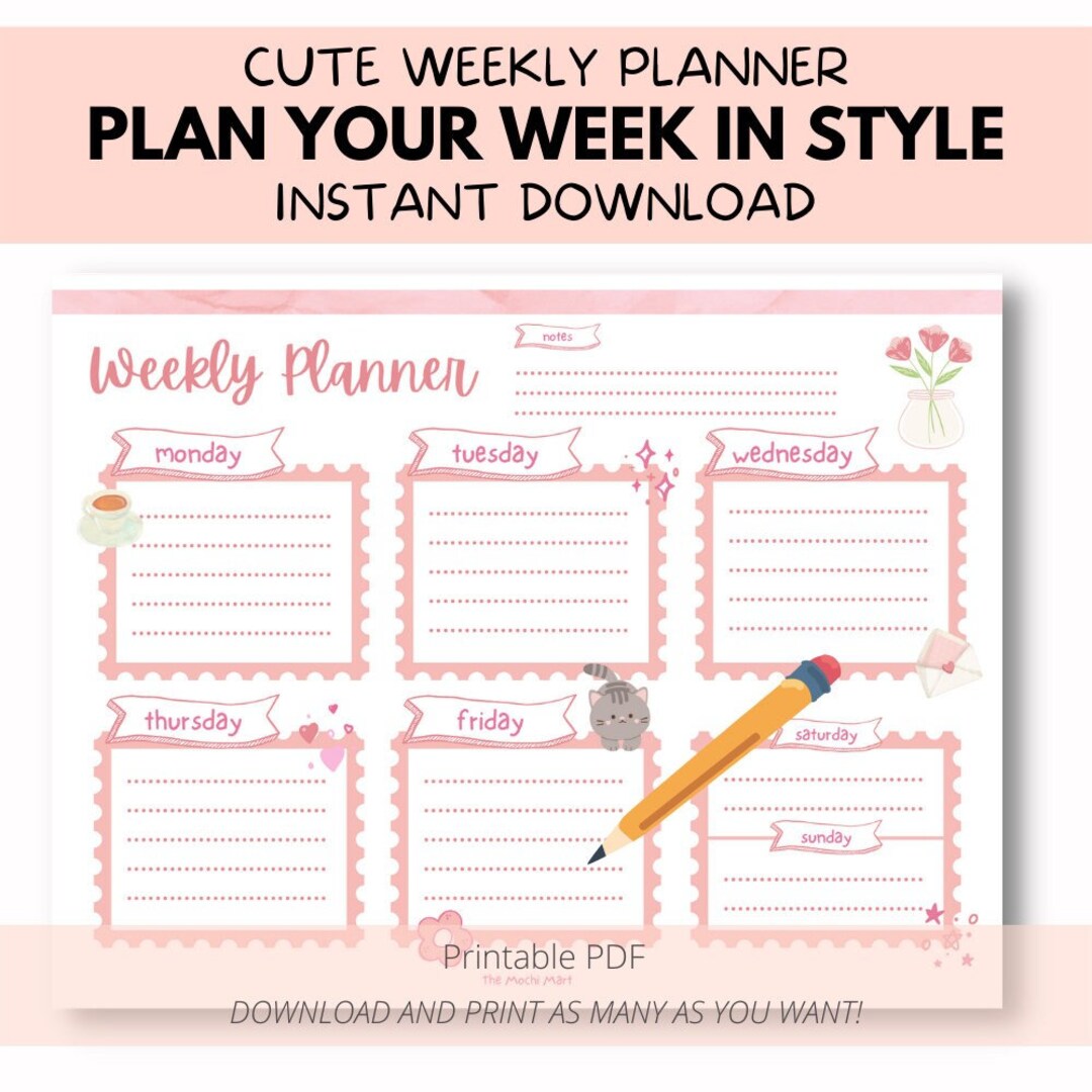 Cute Weekly Planner Kawaii Digital Adorable Pink Pastel Editable ...