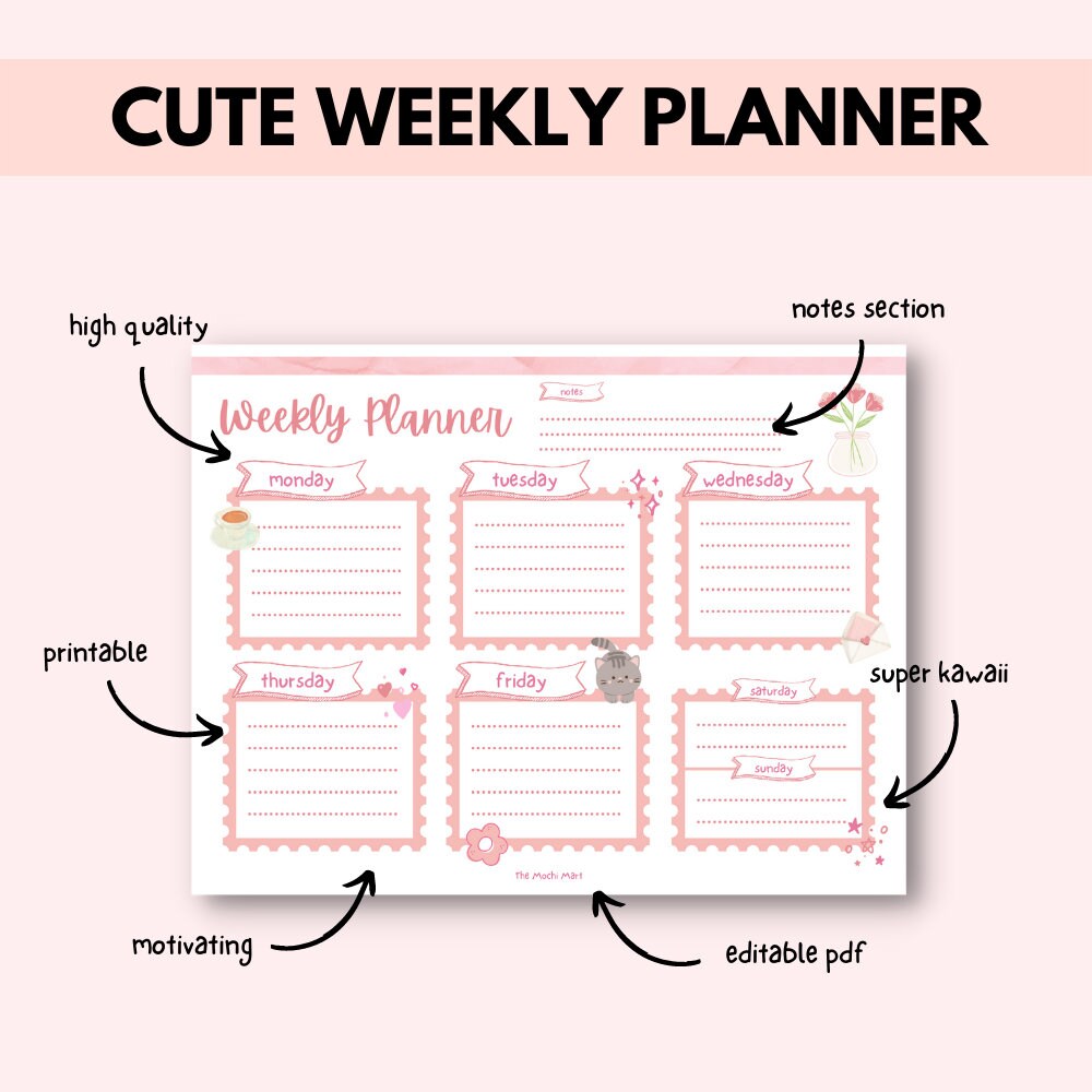 Cute Weekly Planner Kawaii Digital Adorable Pink Pastel Editable ...