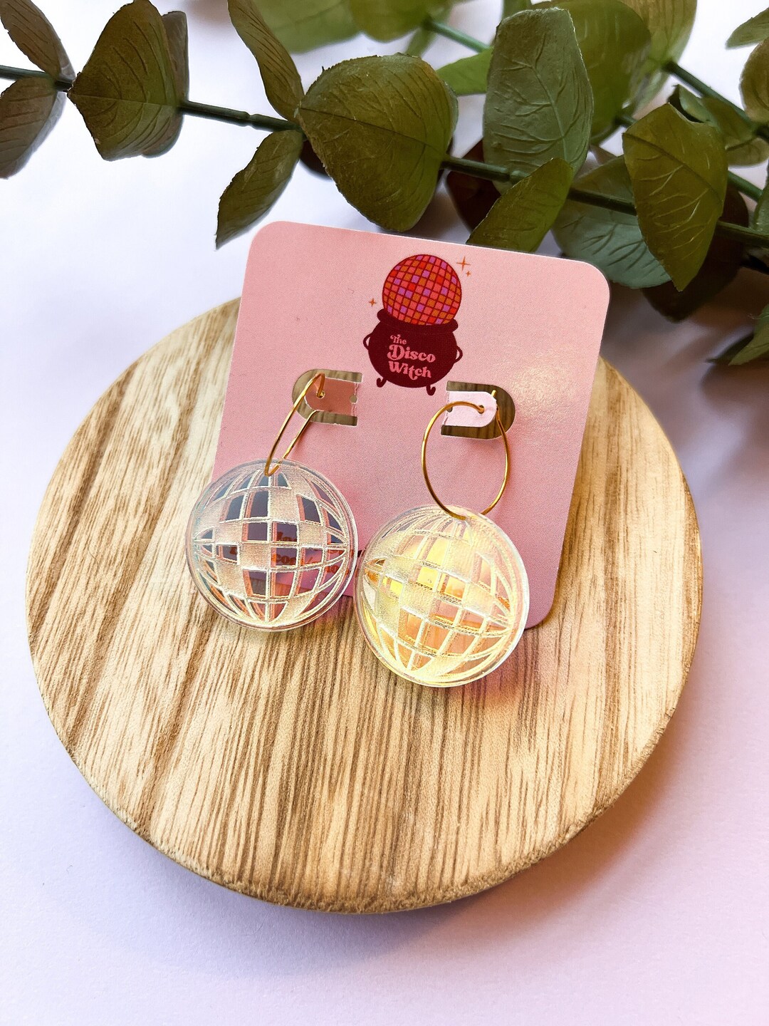 Iridescent Disco Ball Charm Gold Hoop Earrings Funky Earrings Disco ...