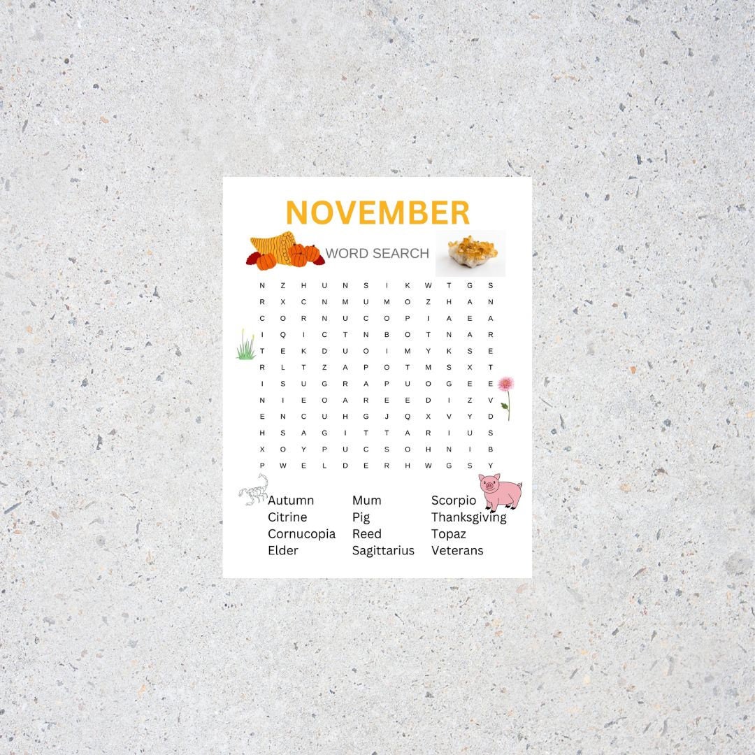 Word Search Puzzle November – Printable - Etsy