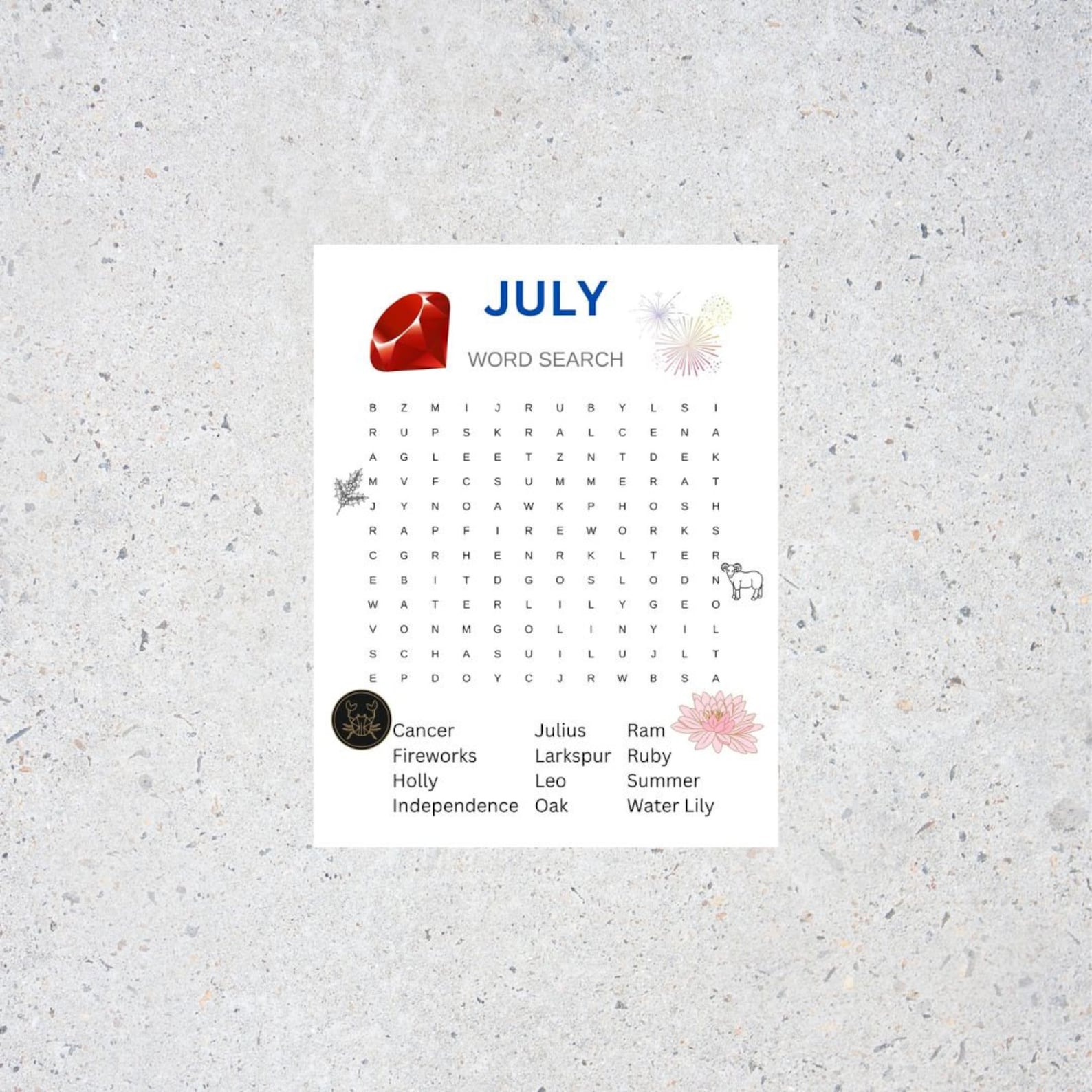 Word Search Puzzle July – Printable - Etsy