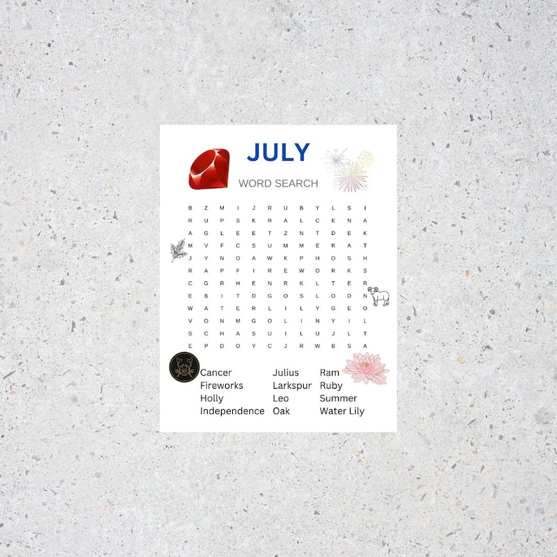 Word Search Puzzle July – Printable - Etsy
