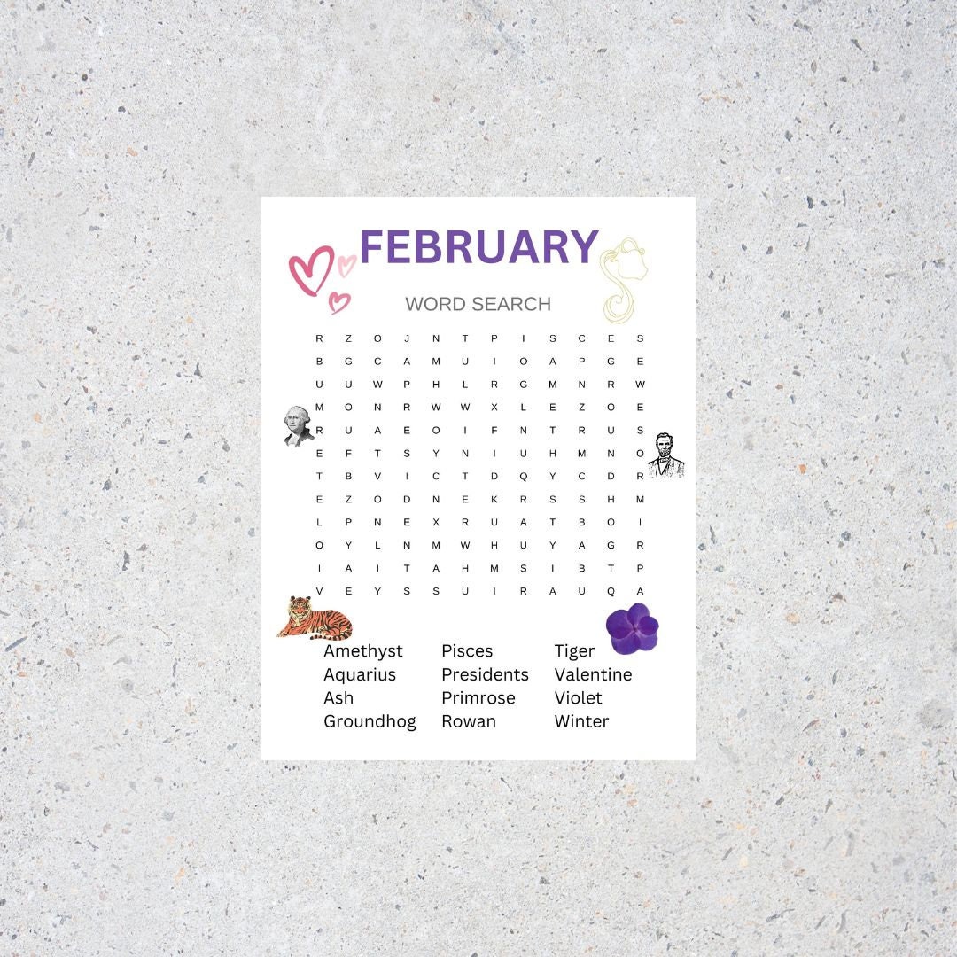 Word Search Puzzle February – Printable - Etsy