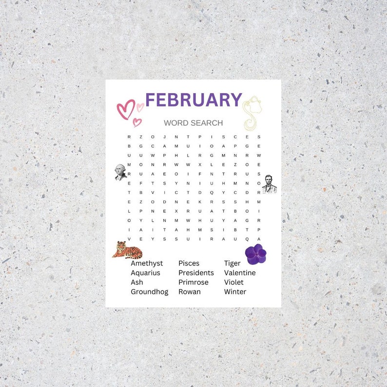 Word Search Puzzle February – Printable - Etsy
