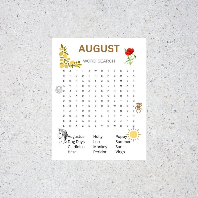 Word Search Puzzle August – Printable - Etsy