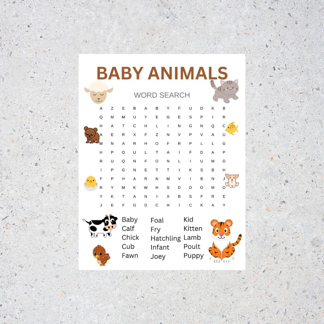 Baby Animals Word Search With Answer Key - Printable - Etsy