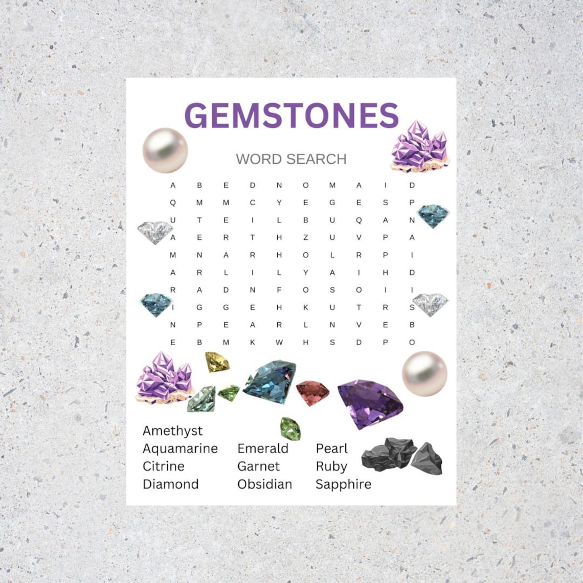 Gemstones Word Search With Answer Key - Printable Word Search - Etsy
