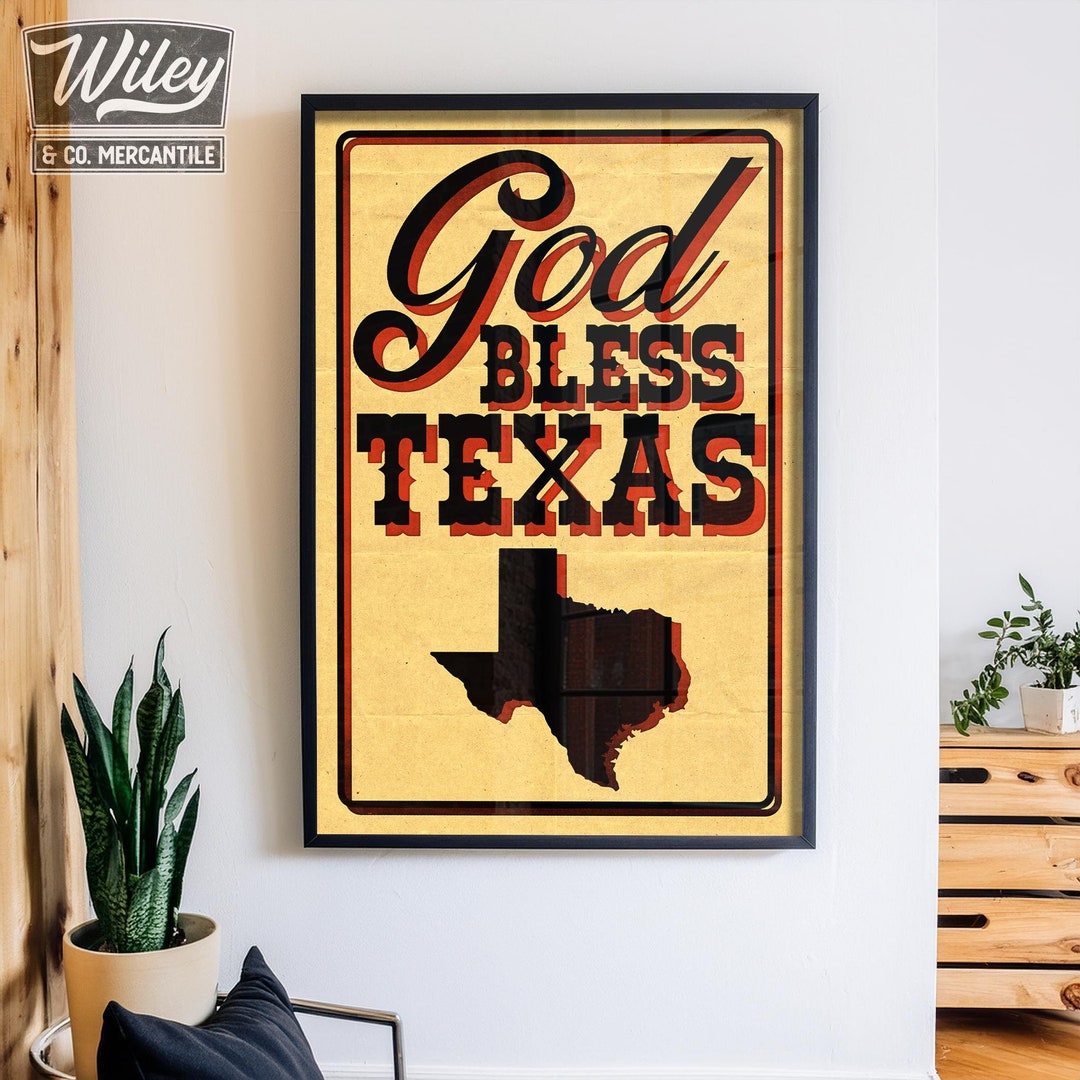 God Bless Texas Wall Art Print, Retro Texas Decor, Texas Poster, Texas ...
