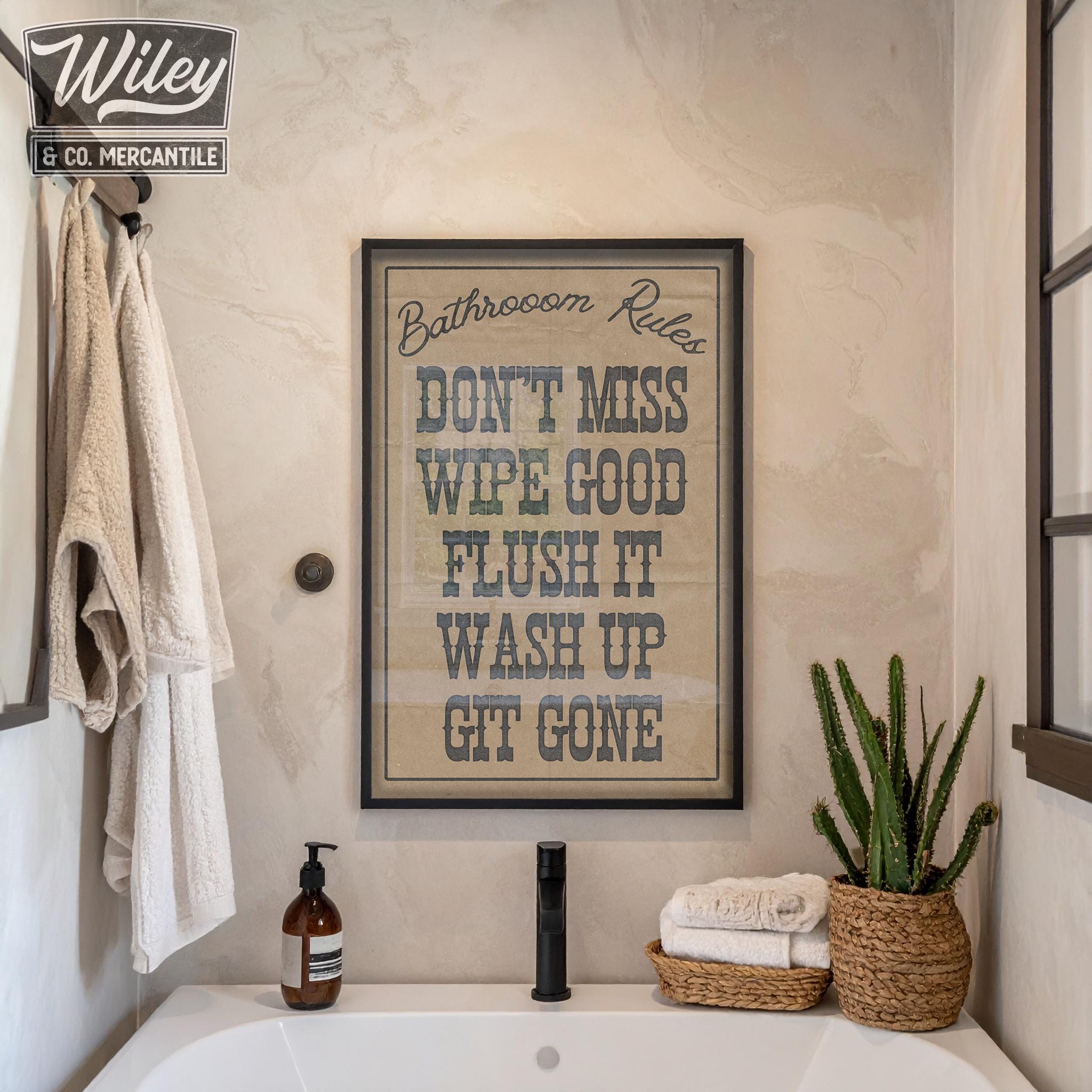 Funny Bathroom Rules Sign Print, Western Wall Art for Guest Restroom ...