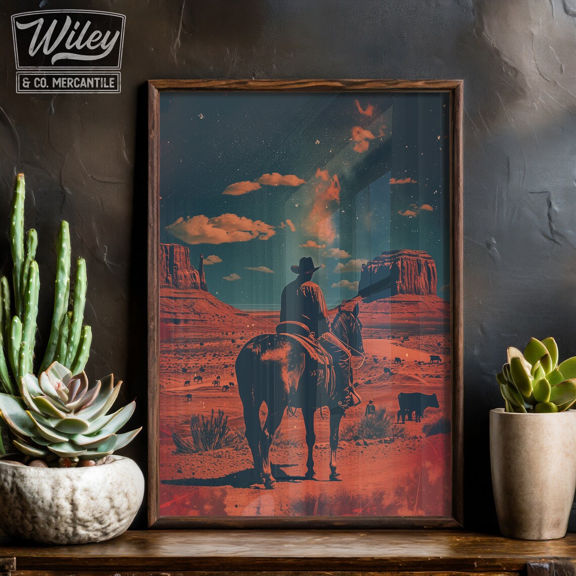 Vintage Cowboy Riding Horse Art Print Cosmic Cowboy Wall Art, Retro ...