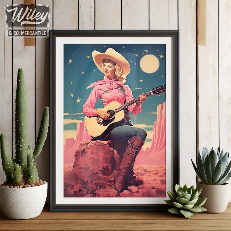 Cosmic Cowgirl Playing Guitar Art Print | Retro Space Cowgirl Wall Art ...