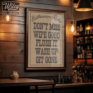 Funny Bathroom Rules Sign Print, Western Wall Art for Guest Restroom ...