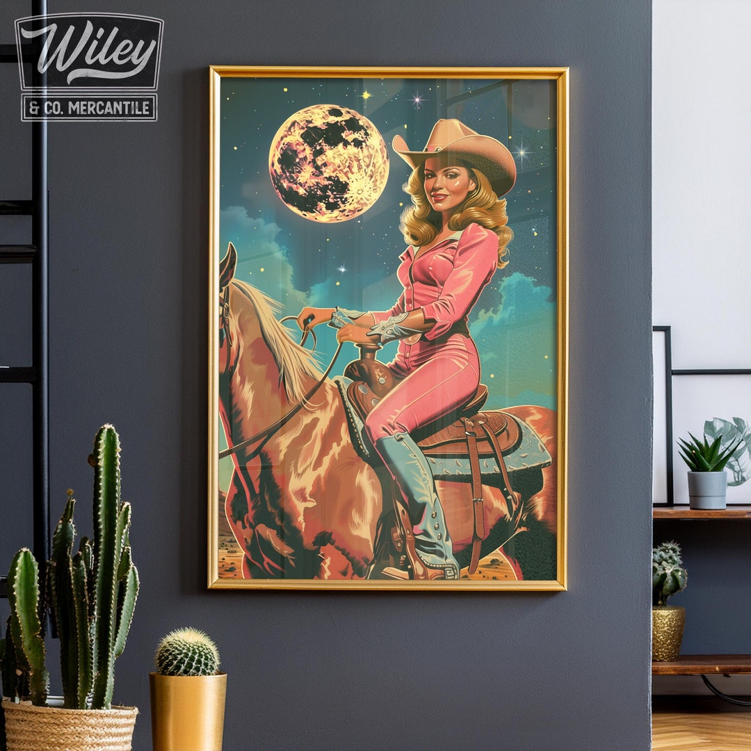 Retro Cowgirl Riding Horse Art Print, Pink Cosmic Space Cowgirl Wall ...