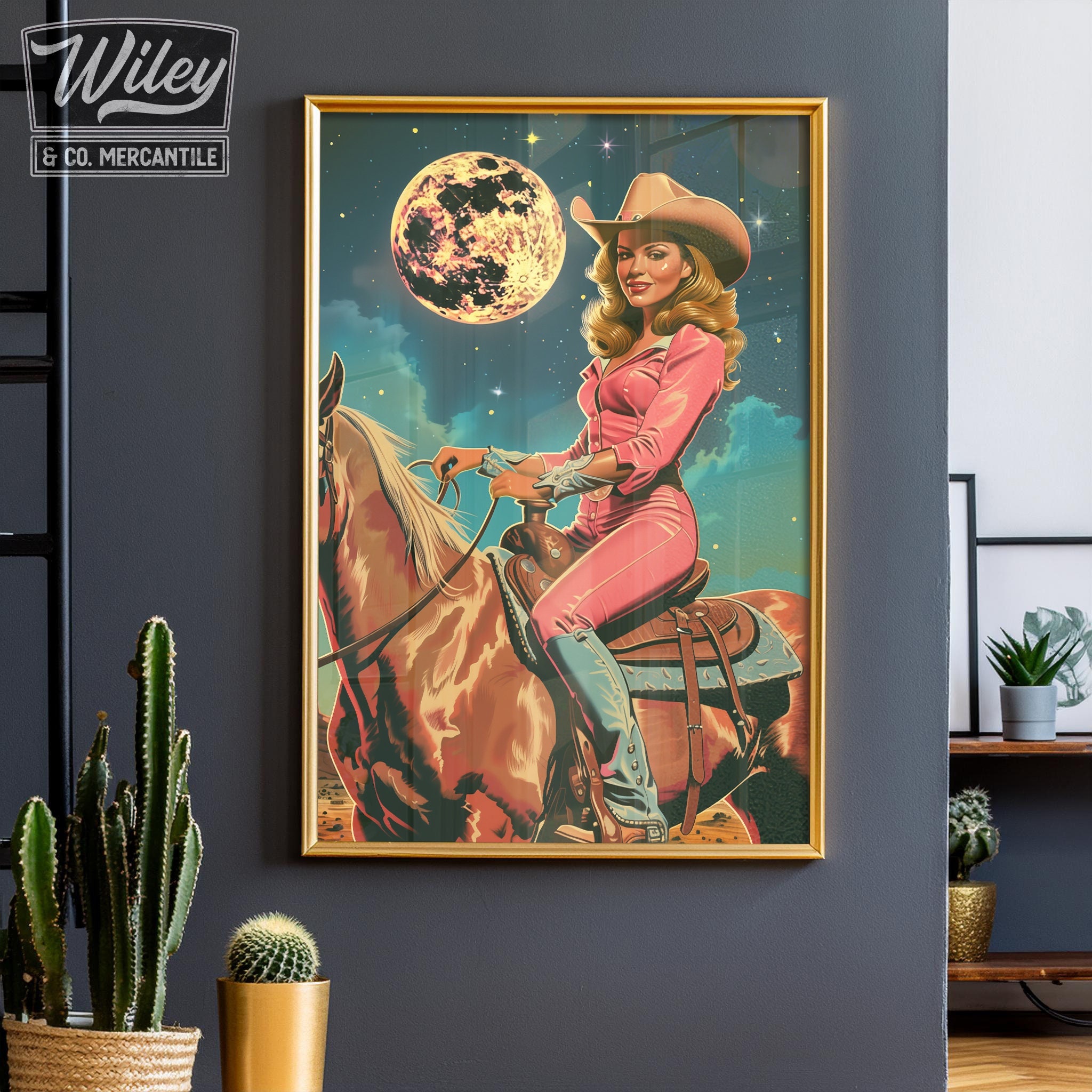 Retro Cowgirl Riding Horse Art Print, Pink Cosmic Space Cowgirl Wall ...