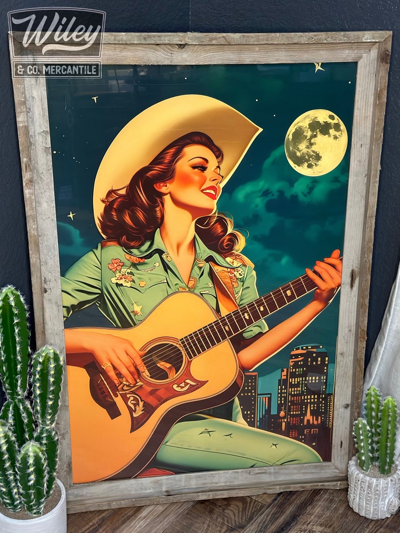 Cosmic Cowgirl Playing Guitar Art Print | Retro City Cowgirl Wall Art ...