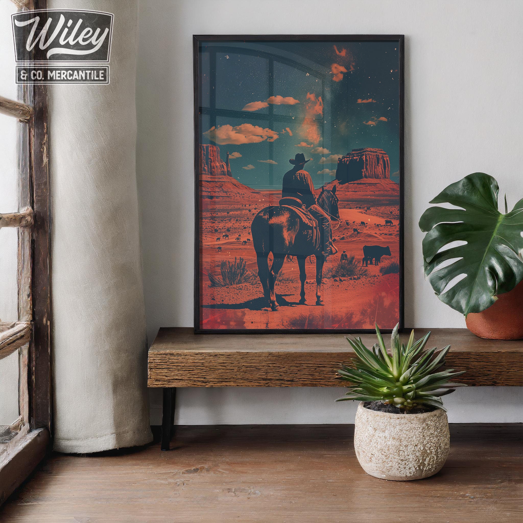 Vintage Cowboy Riding Horse Art Print | Cosmic Cowboy Wall Art, Retro ...