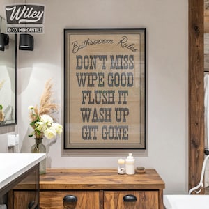Funny Bathroom Rules Sign Print, Western Wall Art for Guest Restroom ...