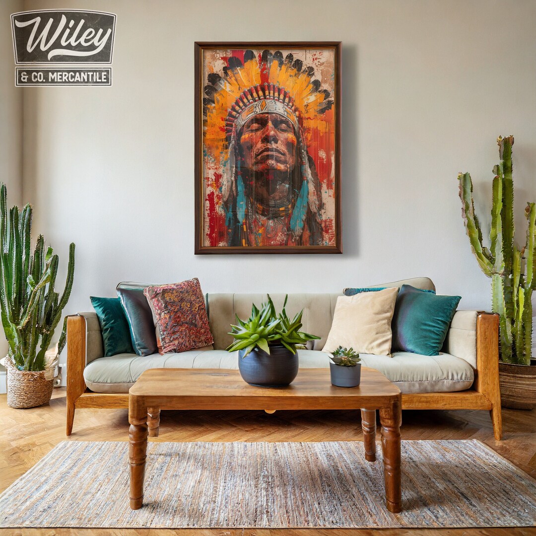 Native American Indian Chief Art Print Large Indian Wall Art, Vintage ...
