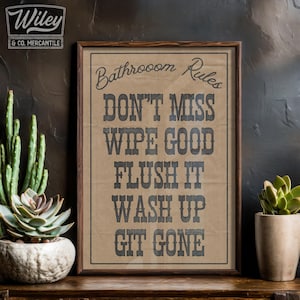 Funny Bathroom Rules Sign Print, Western Wall Art for Guest Restroom ...