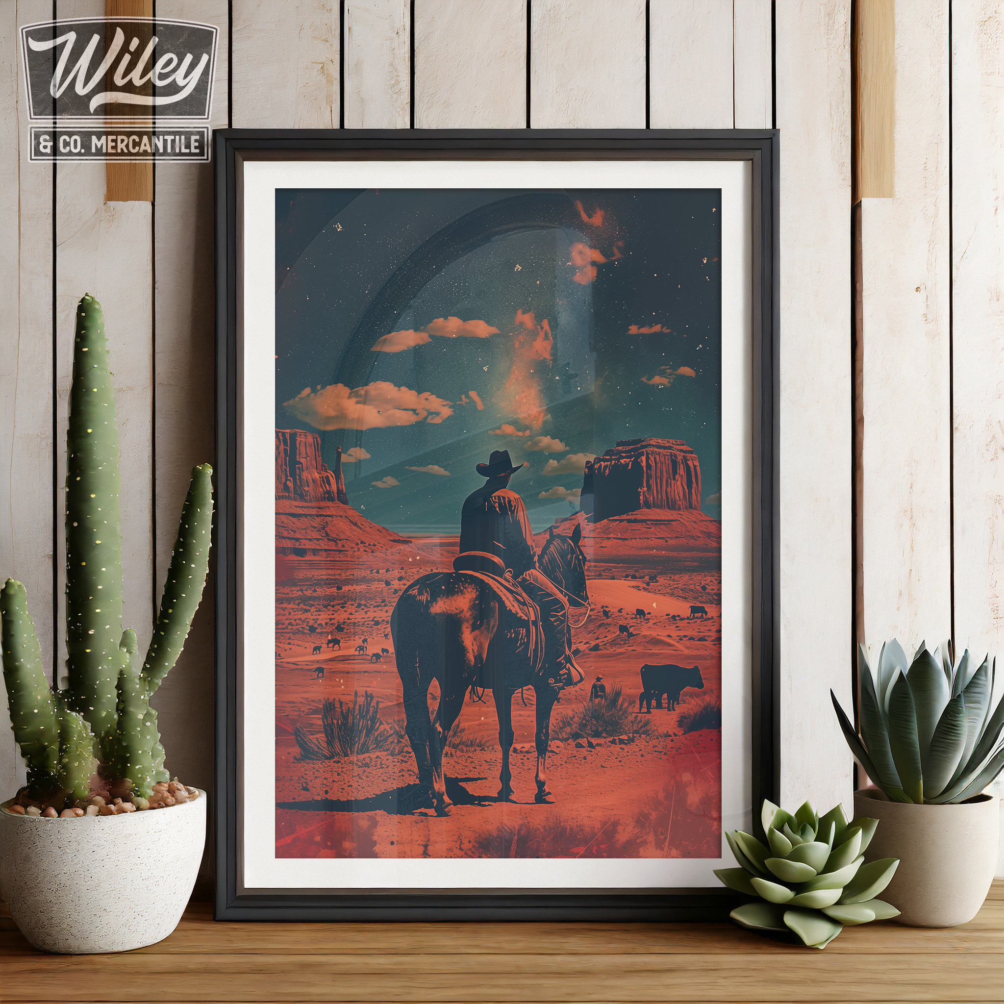 Vintage Cowboy Riding Horse Art Print Cosmic Cowboy Wall Art, Retro ...