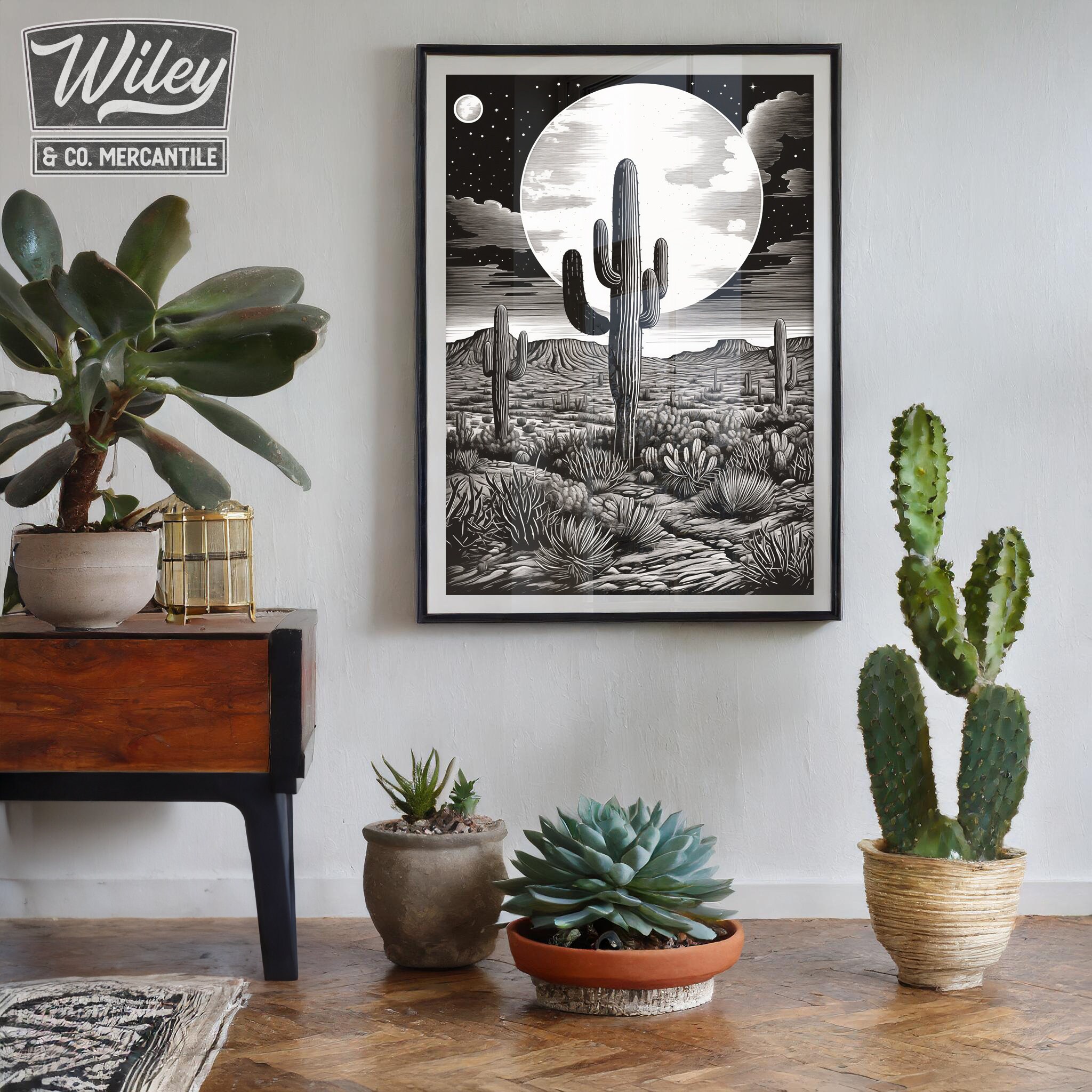 Saguaro Cactus Art Print Retro Cactus Wall Art, Black and White Western ...