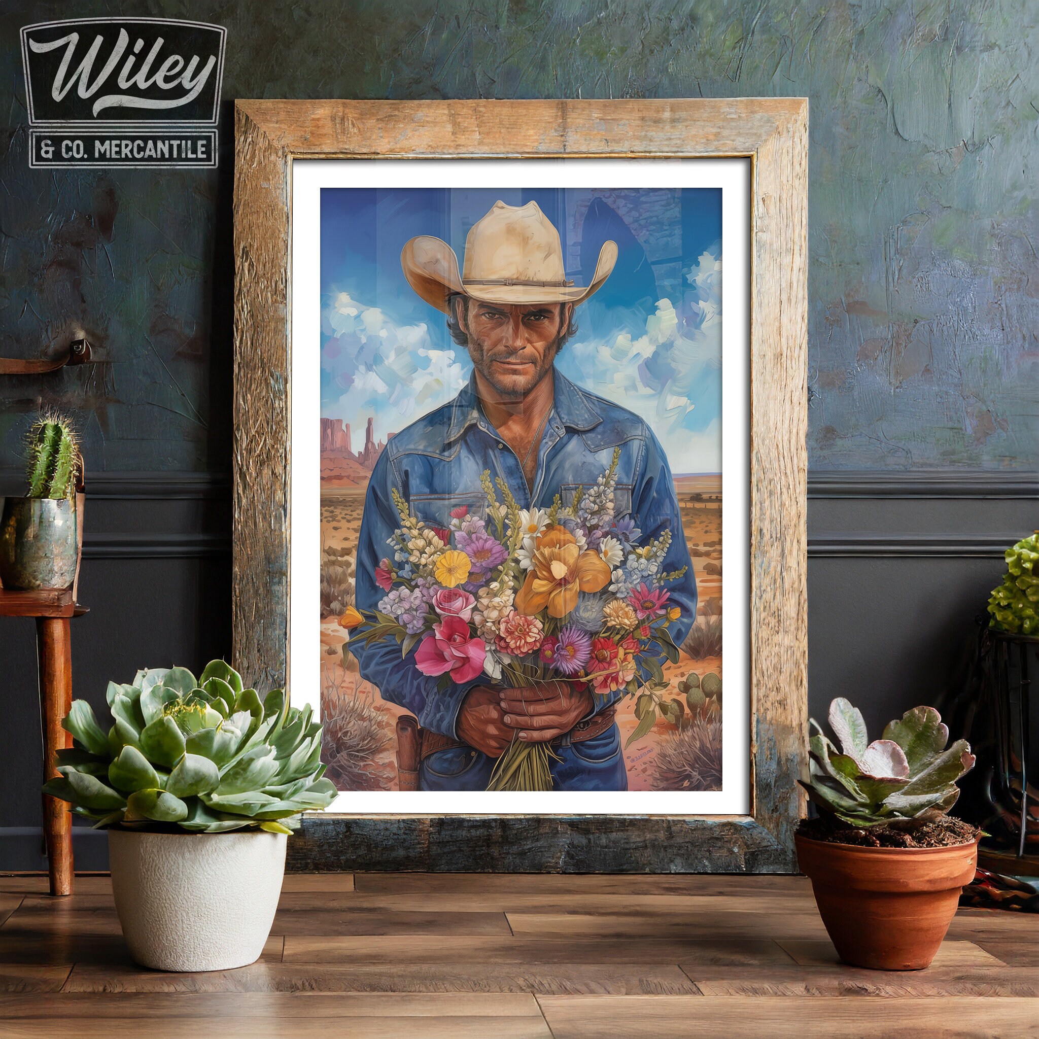 Retro Cowboy Art Print | Floral Cowboy Wall Art, Vintage Cowboy Art ...
