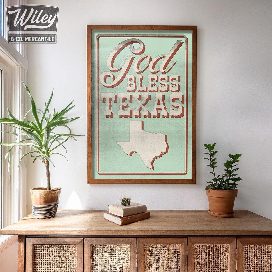 God Bless Texas Wall Art Print, Retro Texas Decor, Red White and Blue ...