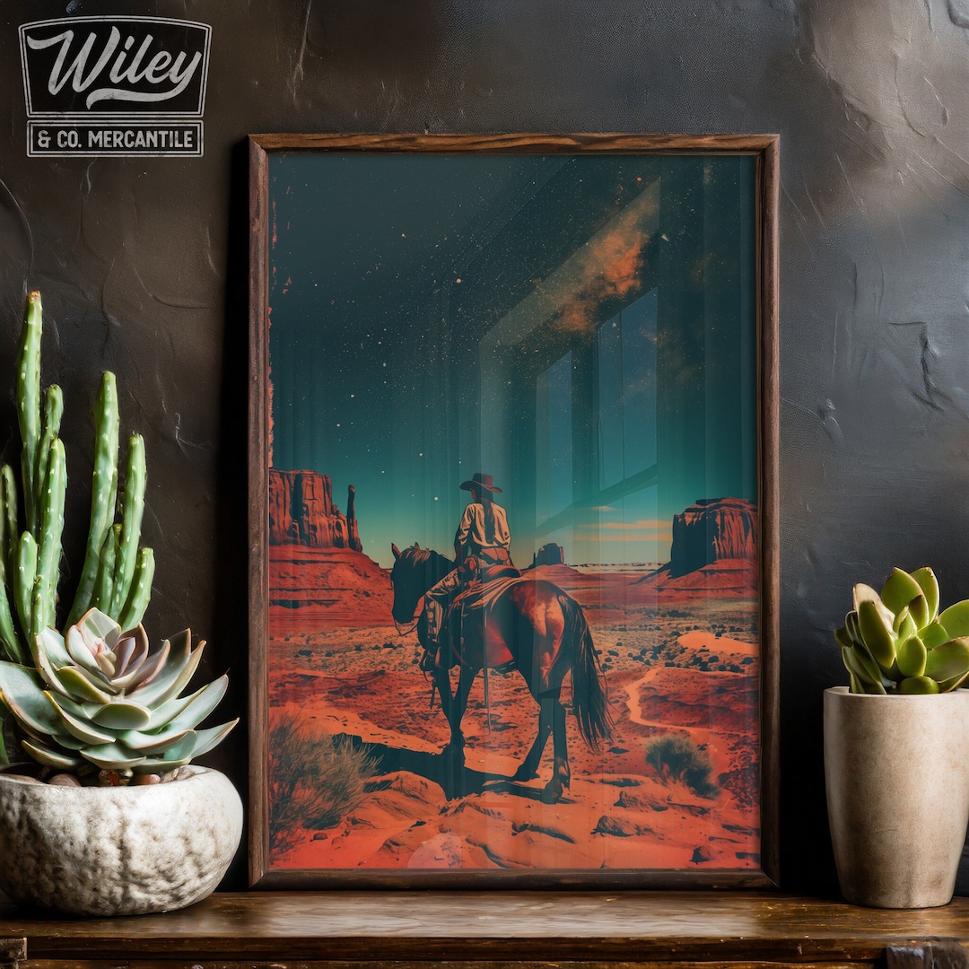 Retro Cowgirl Riding Horse Art Print | Cosmic Space Cowgirl Wall Art ...