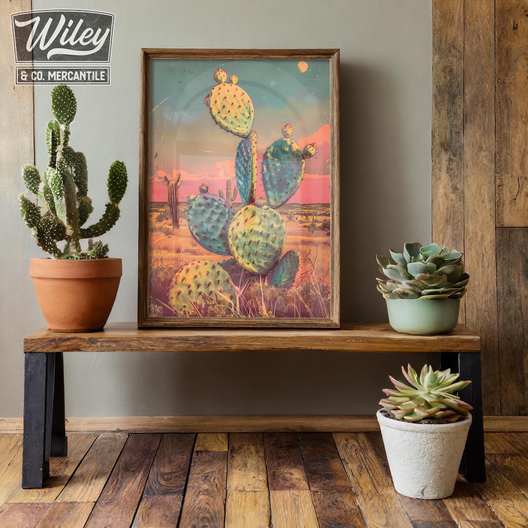Prickly Pear Cactus Art Print | Retro Cactus Wall Art, Vintage Western ...