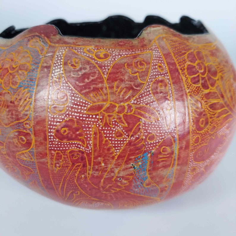 Hand Painted Gourd Art Bowl Animals Folk Art Fish Bird Flowers ...