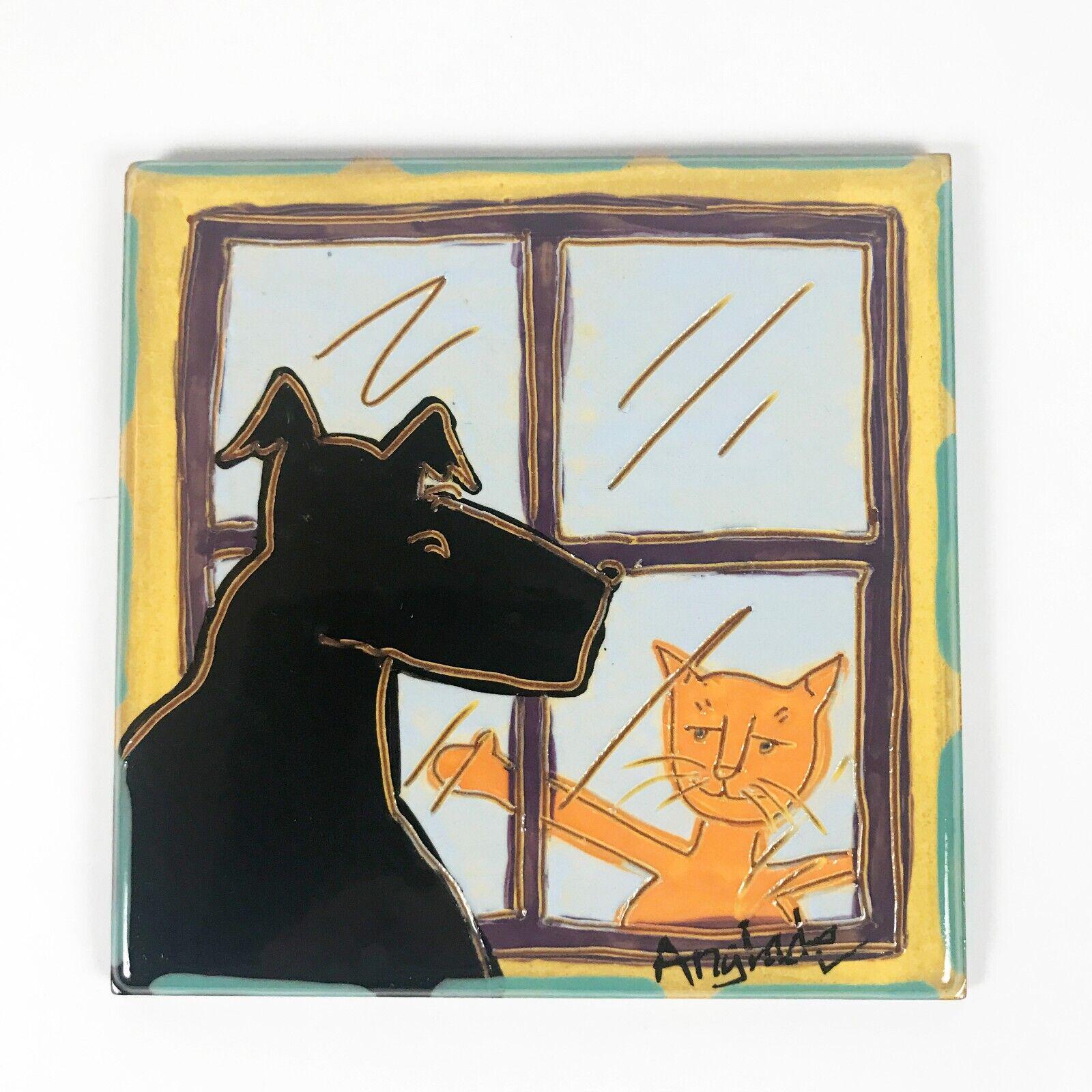 Ahh Riba Ware Folk Art Pottery Tile Cat and Dog Rosanne Anglade Rare ...
